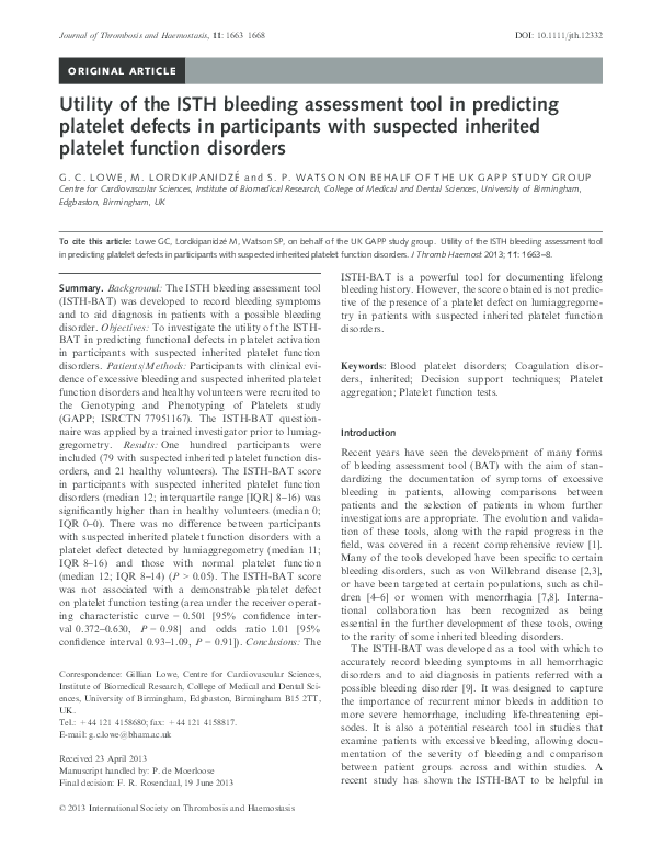 (PDF) Utility of the ISTH Bleeding Assessment Tool in predicting ...