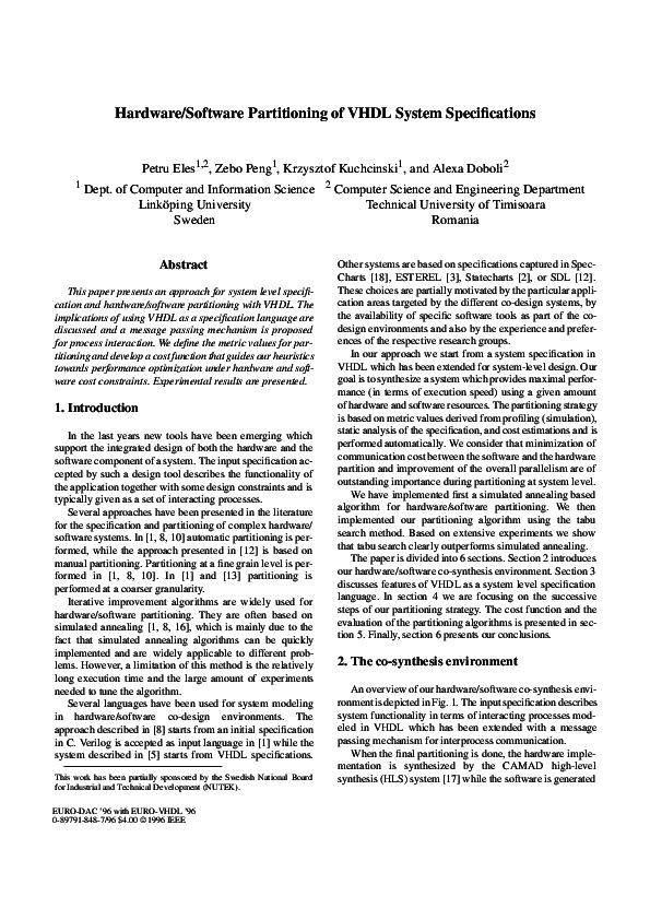 Pdf Hardware Software Partitioning Of Vhdl System Specifications
