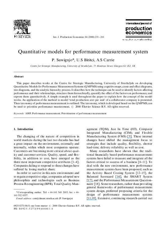Pdf Quantitative Models For Performance Measurement Systems—alternate Considerations