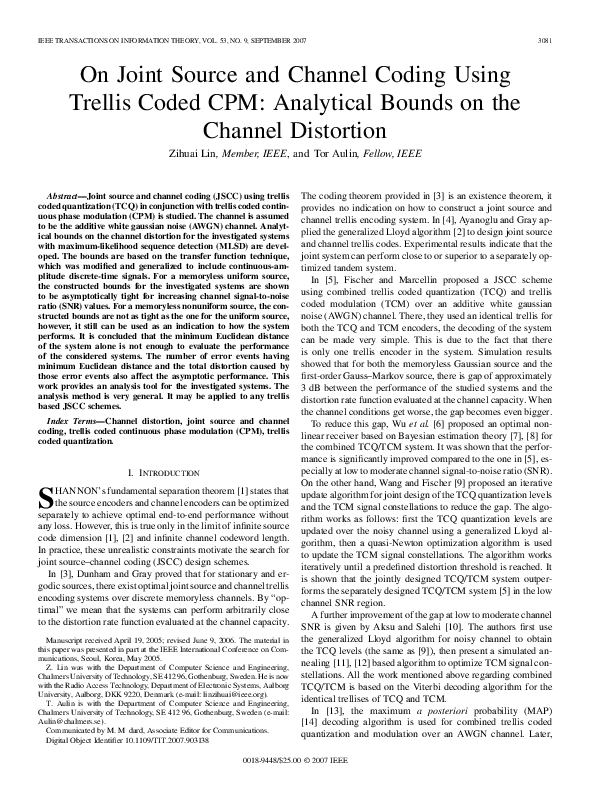 (PDF) On Joint Source and Channel Coding Using Trellis Coded CPM: Analytical Bounds on the ...