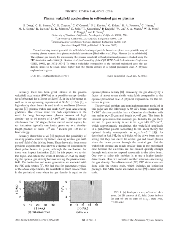 (PDF) Plasma wakefield acceleration in self-ionized gas or plasmas