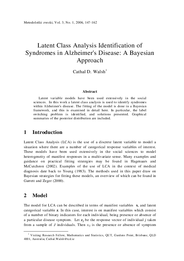 (PDF) Latent Class Analysis Identification of Syndromes in Alzheimer's Disease: A Bayesian Approach