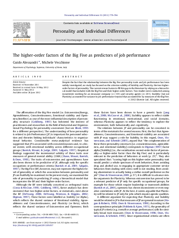 (PDF) The higher-order factors of the Big Five as predictors of job ...