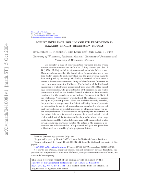 (PDF) Robust inference for univariate proportional hazards frailty regression models