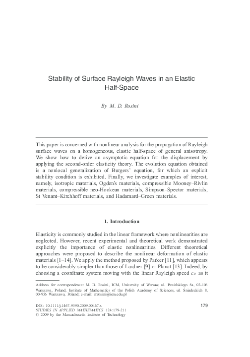 (PDF) Stability of Surface Rayleigh Waves in an Elastic Half-Space