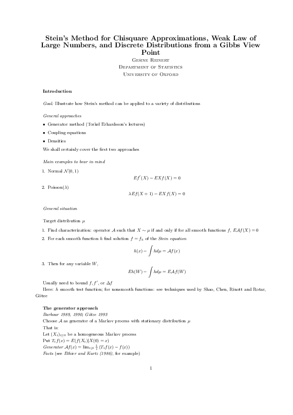 (PDF) Stein's Method for Chisquare Approximations, Weak Law of Large Numbers, and Discrete ...