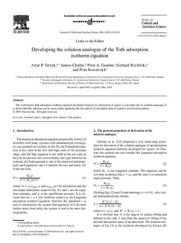 (PDF) Developing the solution analogue of the Toth adsorption isotherm ...