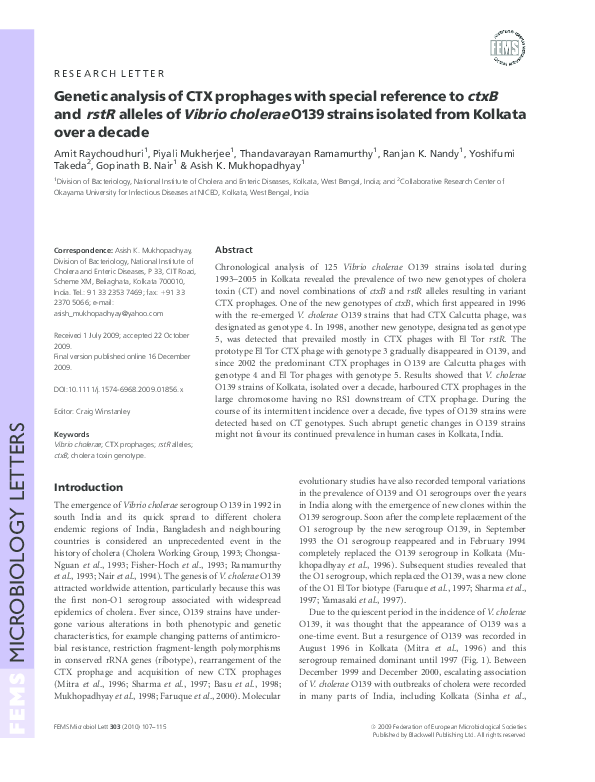 (PDF) Genetic analysis of CTX prophages with special reference to ctxB ...