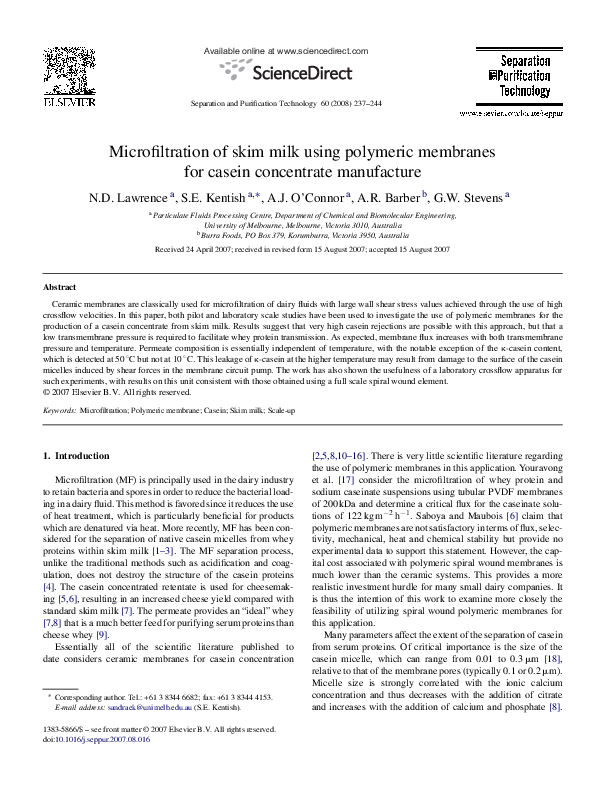 (PDF) Microfiltration of skim milk using polymeric membranes for casein ...