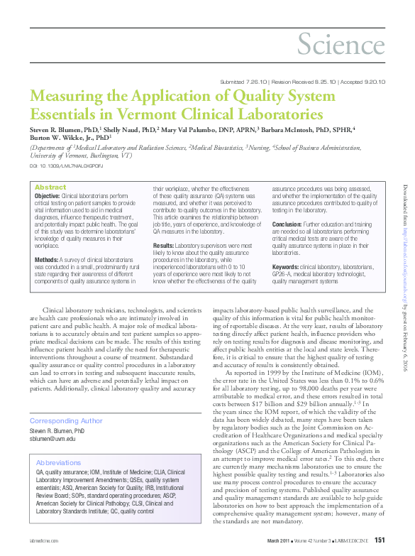(PDF) Measuring the Application of Quality System Essentials in Vermont ...