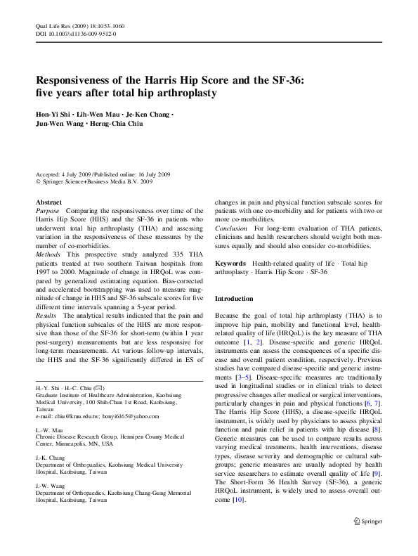 (PDF) Responsiveness of the Harris Hip Score and the SF-36: five years ...