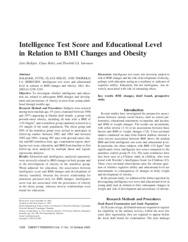 (PDF) Intelligence Test Score and Educational Level in Relation to BMI ...