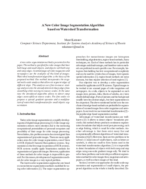 (PDF) A new color image segmentation algorithm based on watershed transformation