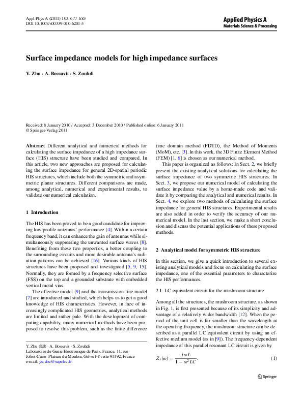 (PDF) Surface impedance models for high impedance surfaces