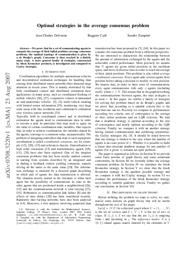 (PDF) Optimal strategies in the average consensus problem