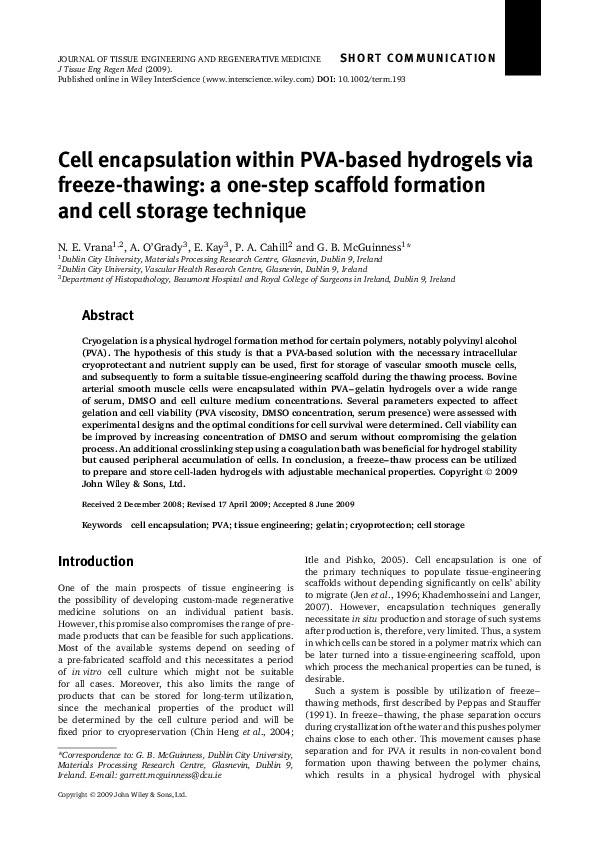 (PDF) Cell encapsulation within PVA-based hydrogels via freeze-thawing: a one-step scaffold ...