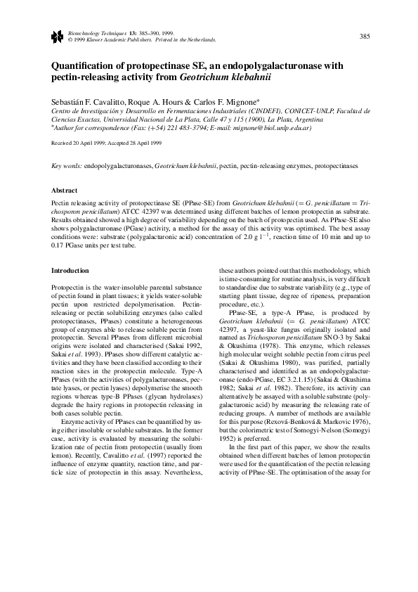 (PDF) Quantification of protopectinase SE, an endopolygalacturonase ...
