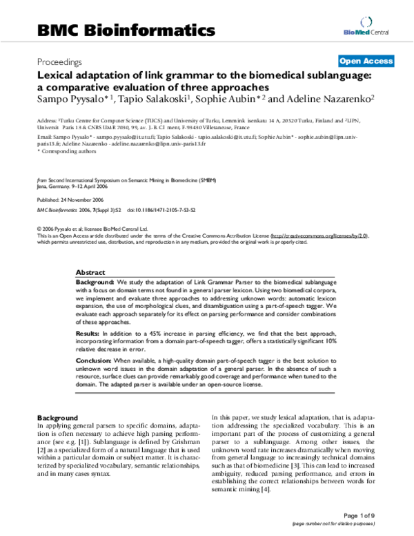(PDF) Lexical adaptation of link grammar to the biomedical sublanguage ...