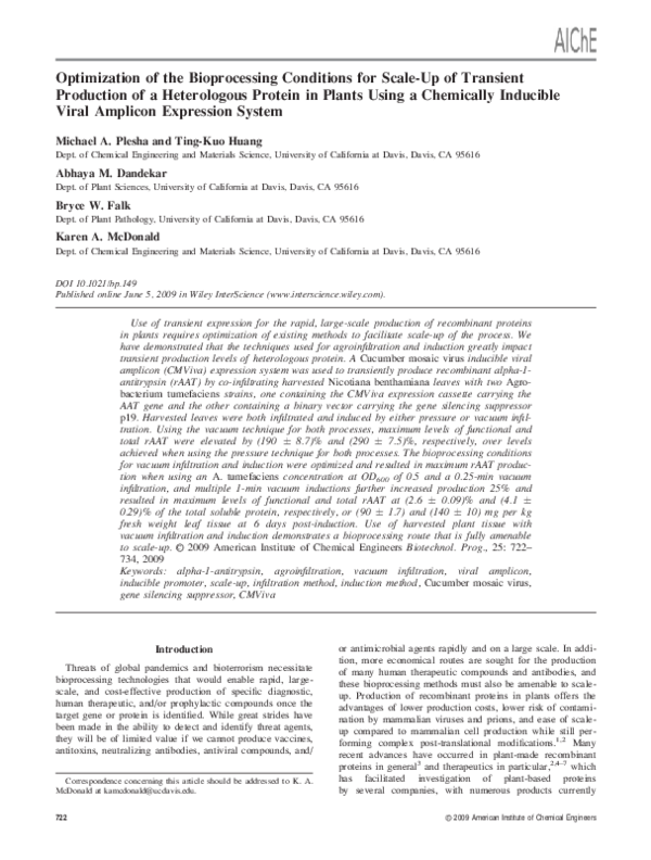 (PDF) Optimization of the bioprocessing conditions for scale-up of transient production of a ...