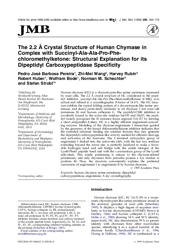 (PDF) The 2.2 å crystal structure of human chymase in complex with ...