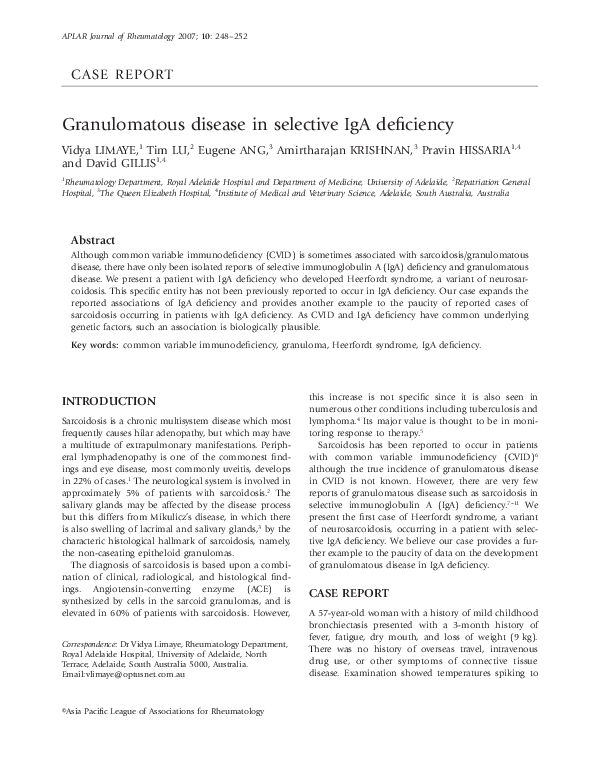 (PDF) Granulomatous disease in selective IgA deficiency