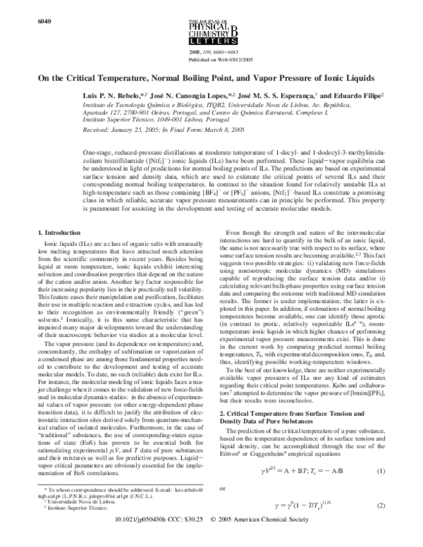 (PDF) On the Critical Temperature, Normal Boiling Point, and Vapor Pressure of Ionic Liquids