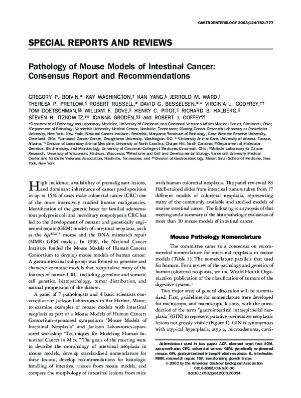 (PDF) Pathology of mouse models of intestinal cancer: Consensus report ...