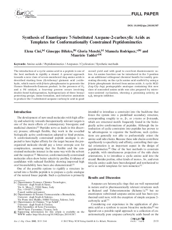 (PDF) Synthesis of Enantiopure 7-Substituted Azepane-2-carboxylic Acids ...