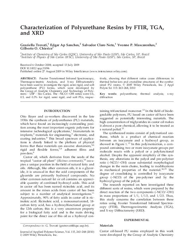 (PDF) Characterization of polyurethane resins by FTIR, TGA, and XRD