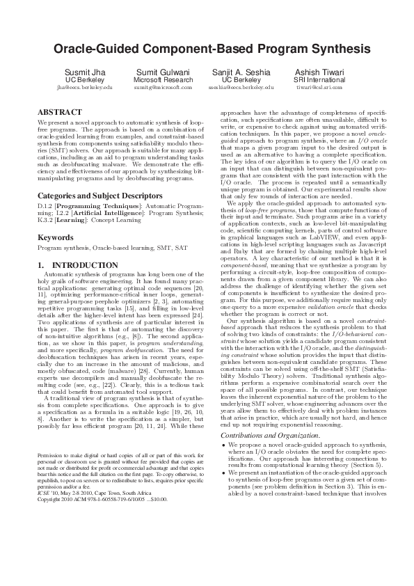 (PDF) Oracle-guided component-based program synthesis