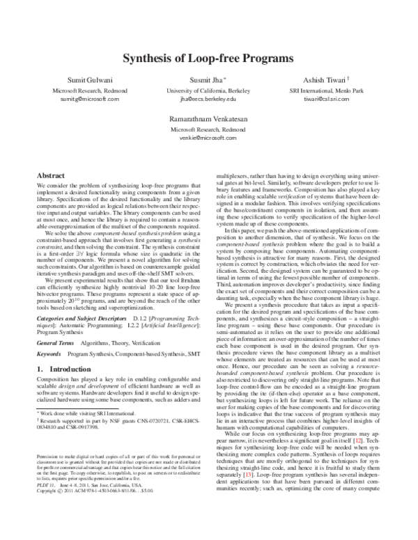 (PDF) Synthesis of loop-free programs | Sumit Gulwani - Academia.edu