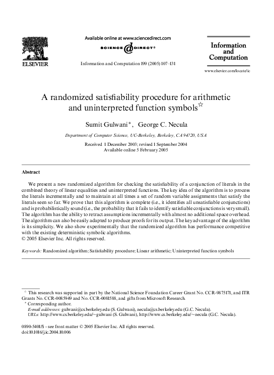 (PDF) A randomized satisfiability procedure for arithmetic and uninterpreted function symbols