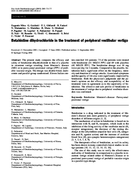 (PDF) Betahistine dihydrochloride in the treatment of peripheral ...