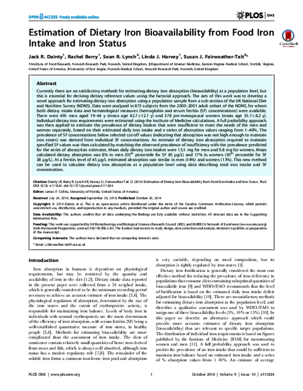(PDF) Estimation of dietary iron bioavailability from food iron intake ...