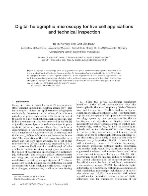 (PDF) Digital holographic microscopy for live cell applications and ...