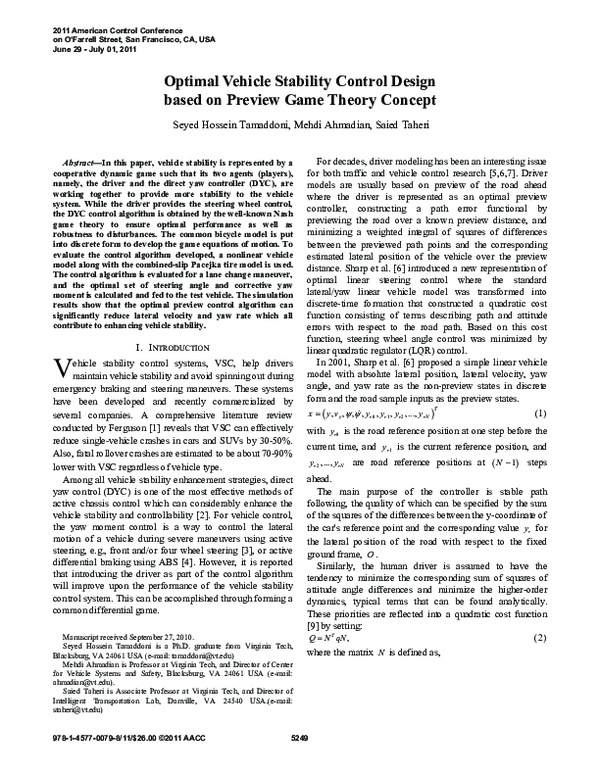 (PDF) Optimal vehicle stability control design based on preview game theory concept