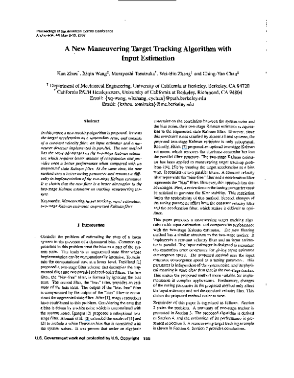Pdf A New Maneuvering Target Tracking Algorithm With Input Estimation