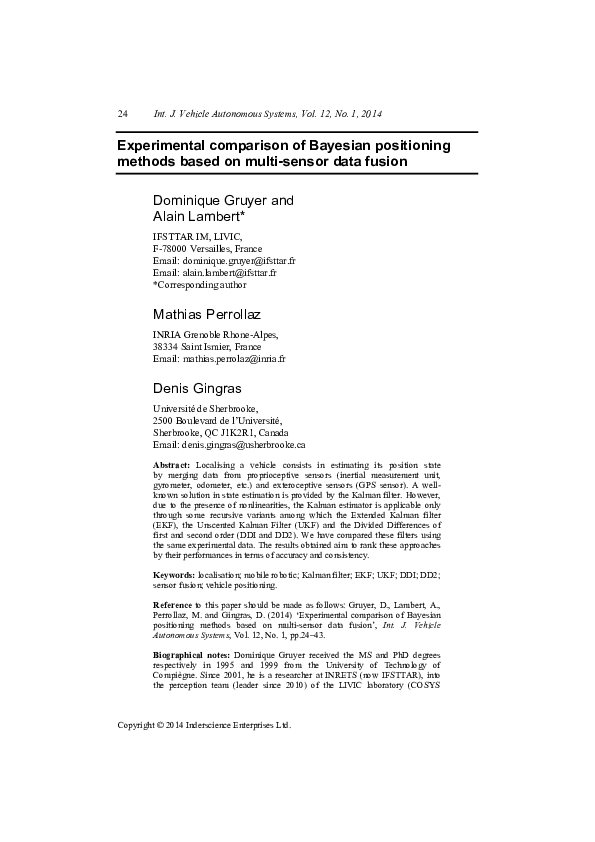 (PDF) Experimental comparison of Bayesian positioning methods based on multi-sensor data fusion