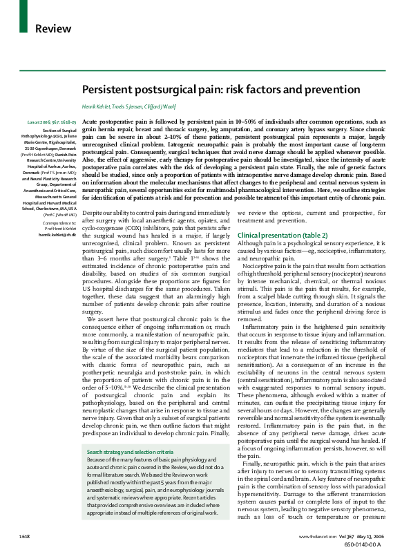 (PDF) Persistent postsurgical pain: risk factors and prevention