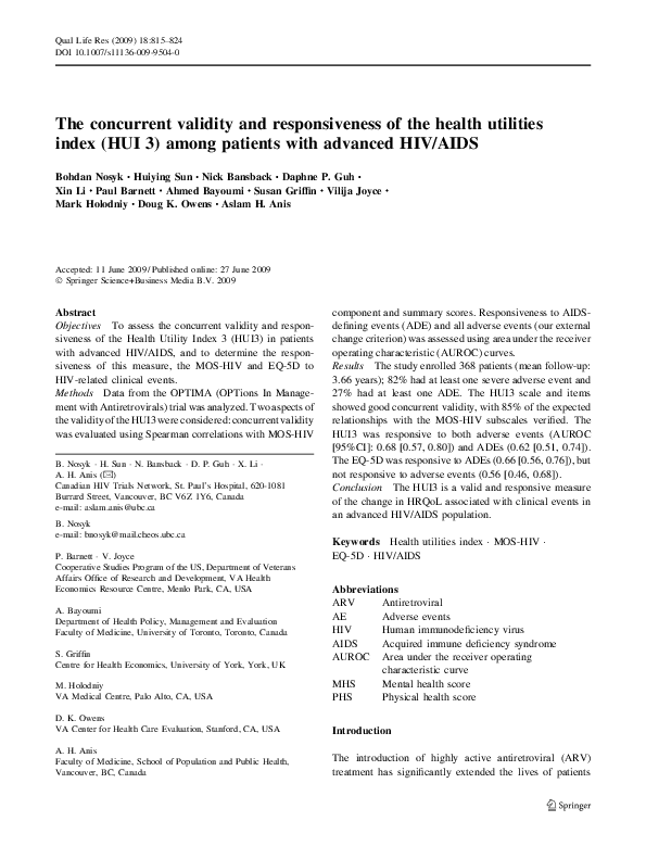 (PDF) The concurrent validity and responsiveness of the health utilities index (HUI 3) among ...