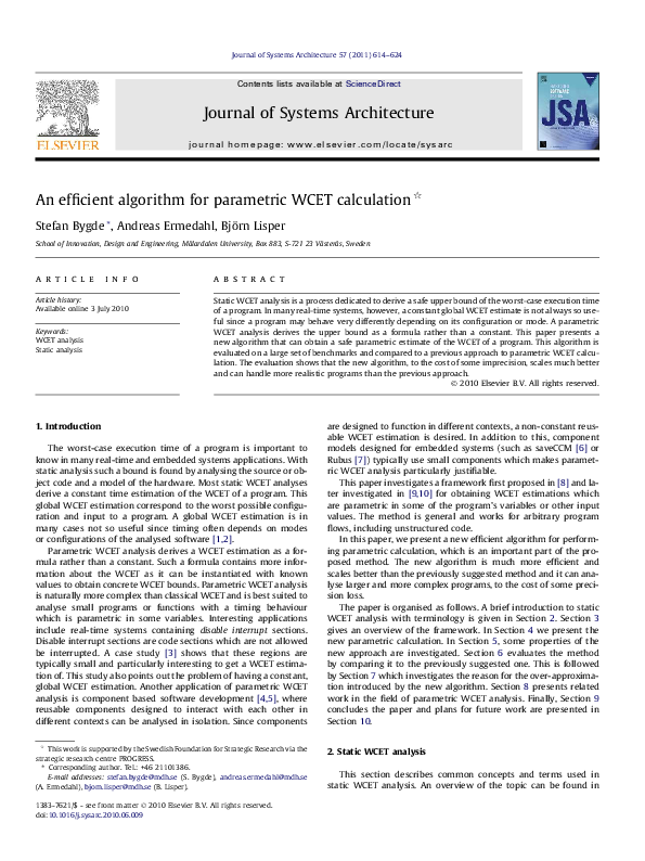 Pdf An Efficient Algorithm For Parametric Wcet Calculation
