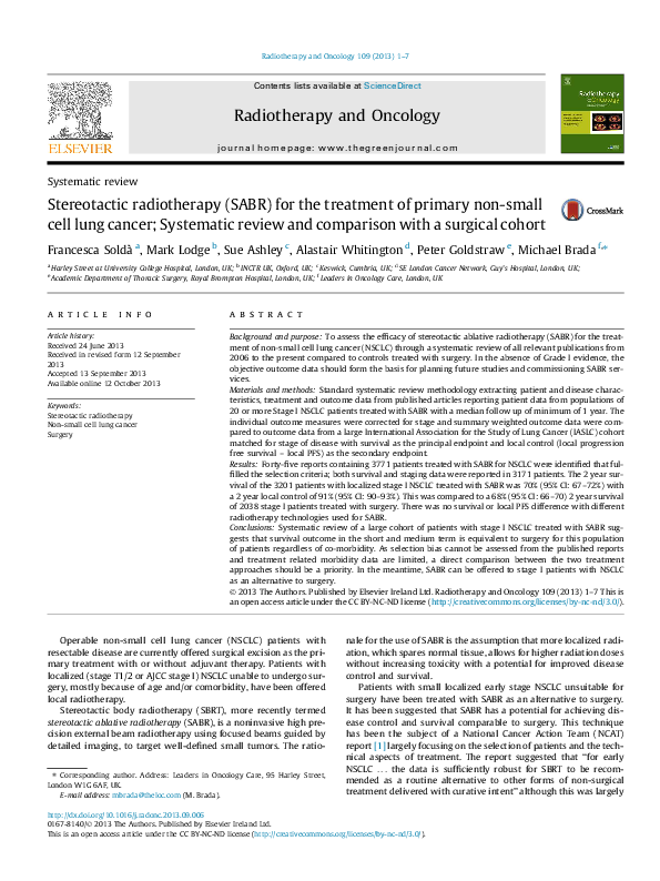 (PDF) Stereotactic radiotherapy (SABR) for the treatment of primary non-small cell lung cancer ...