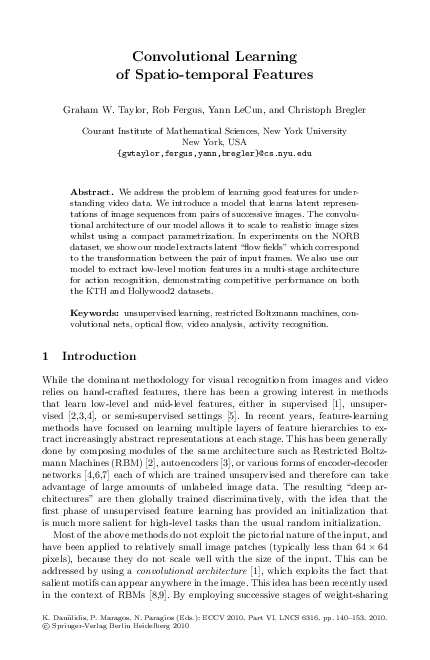 (PDF) Convolutional Learning of Spatio-temporal Features | Christoph Bregler - Academia.edu