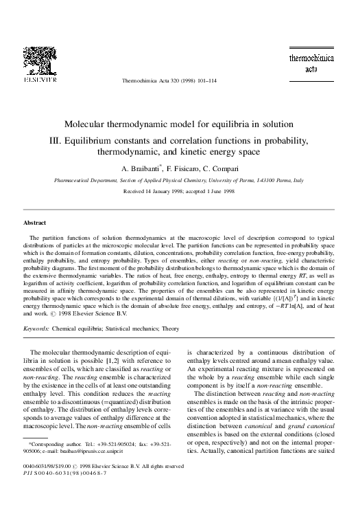 (PDF) Molecular thermodynamic model for equilibria in solution | Emilia ...