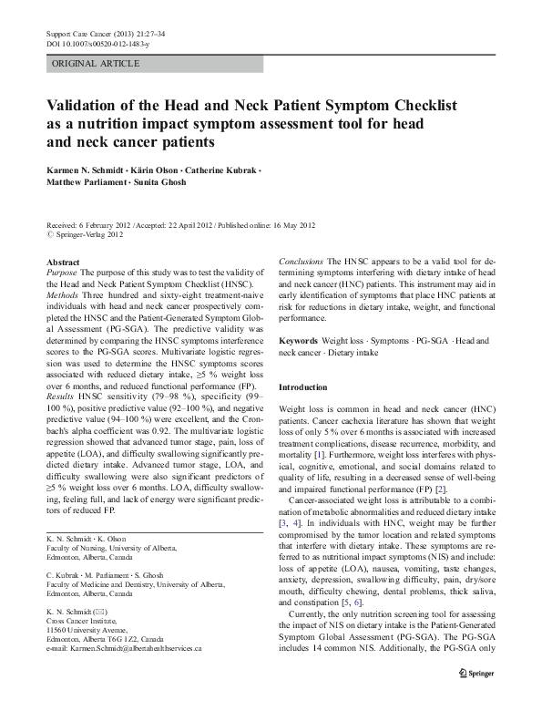(PDF) Validation of the Head and Neck Patient Symptom Checklist as a ...