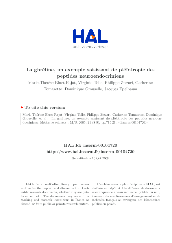 (PDF) La ghréline, un exemple saissisant de pléïotropie des peptides ...