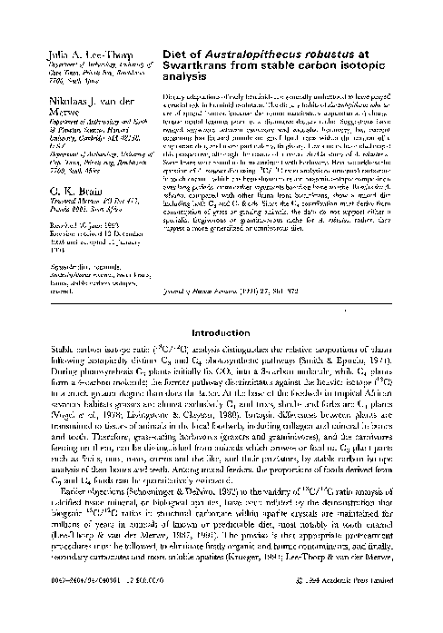 (PDF) Diet of Australopithecus robustus at Swartkrans from stable ...
