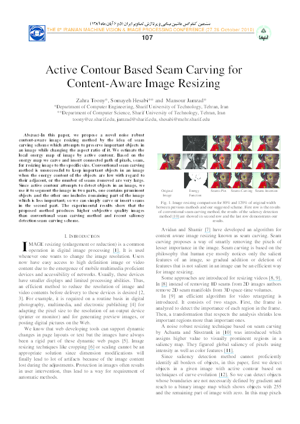 Pdf Active Contour Based Seam Carving For Content Aware Image Resizing Zahra Toony Mansour
