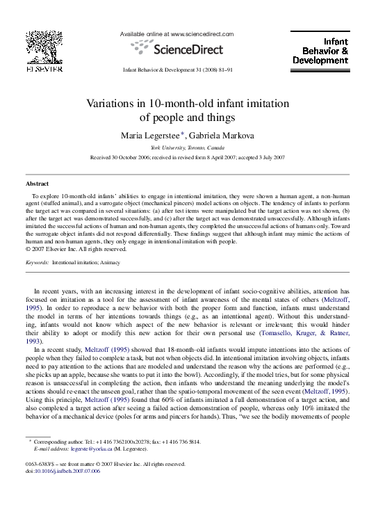 (PDF) Variations in 10-month-old infant imitation of people and things
