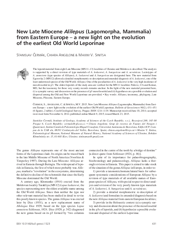 (PDF) New Late Miocene Alilepus (Lagomorpha, Mammalia) from Eastern ...